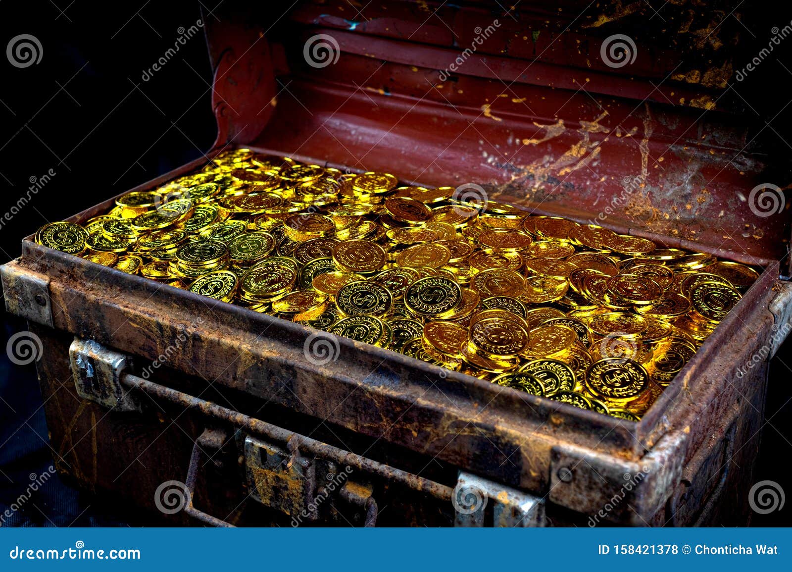 Stacking Gold Coin in Treasure Chest Stock Photo - Image of concept ...