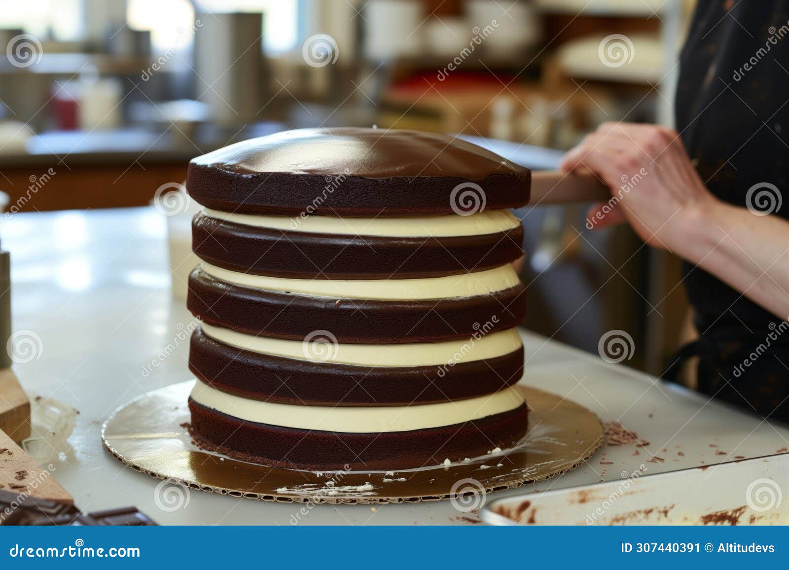 Stacking Layers of a Chocolate Cake Being Made Stock Image - Image of ...