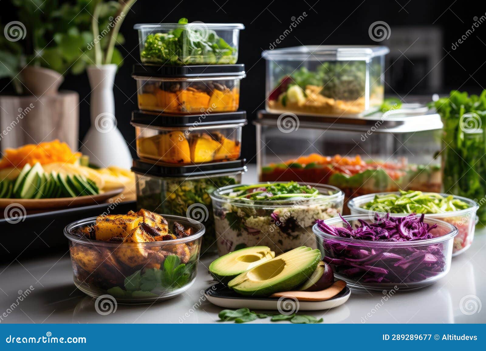 Stacking Meal Prep Containers with a Variety of Dishes in Fridge Stock ...