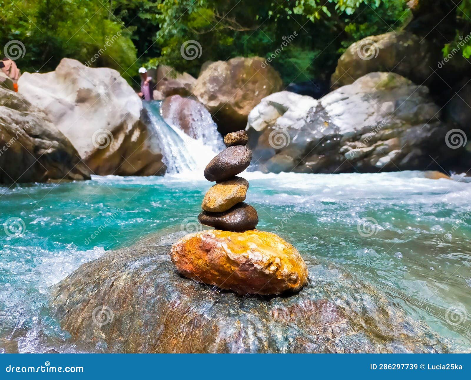 Stacking Stones on the River Fountain Waterfall Tropical Forrest Stones ...