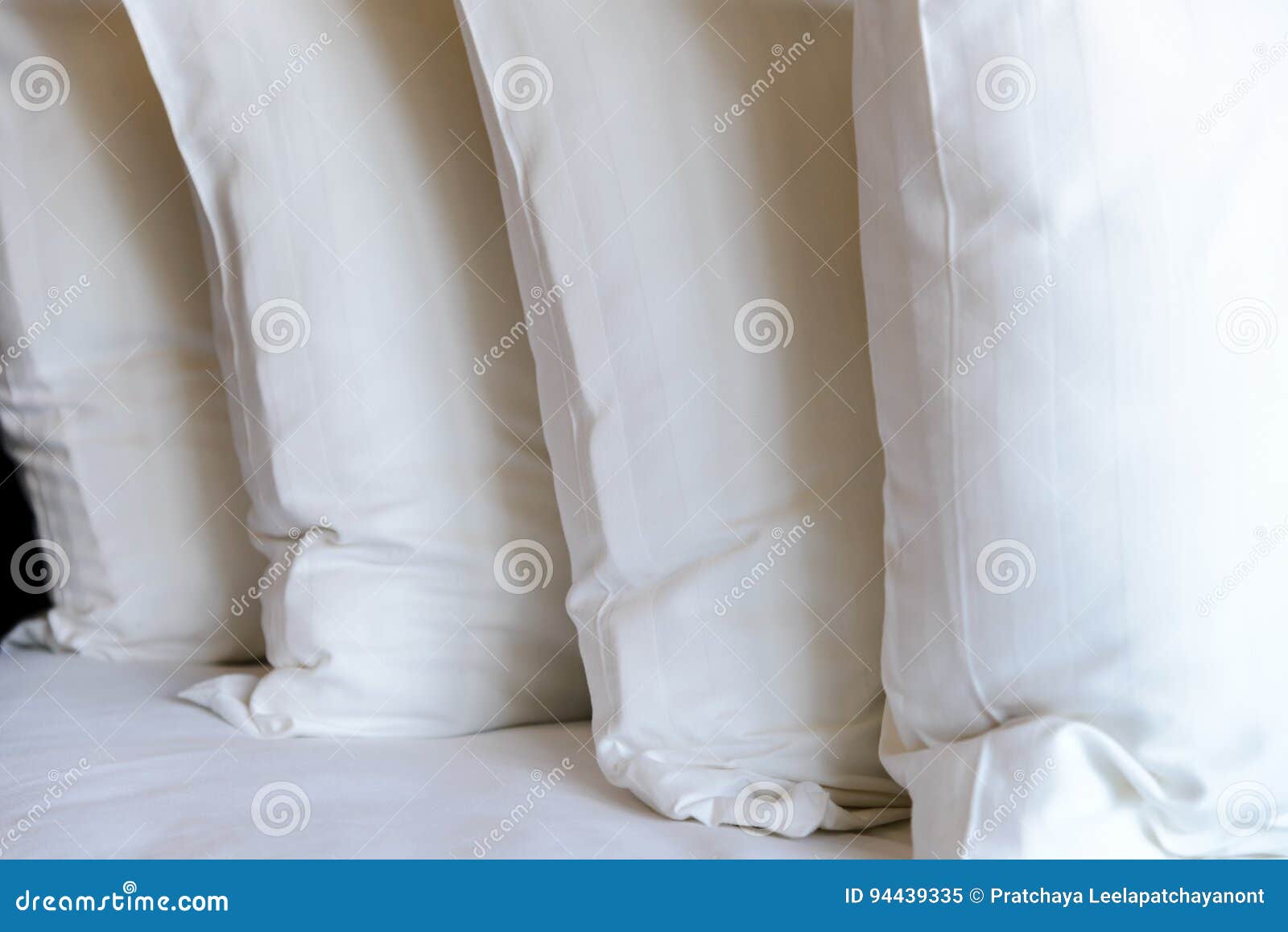 Stacking of White Pillows on Bed Stock Image - Image of pillows, fluffy ...