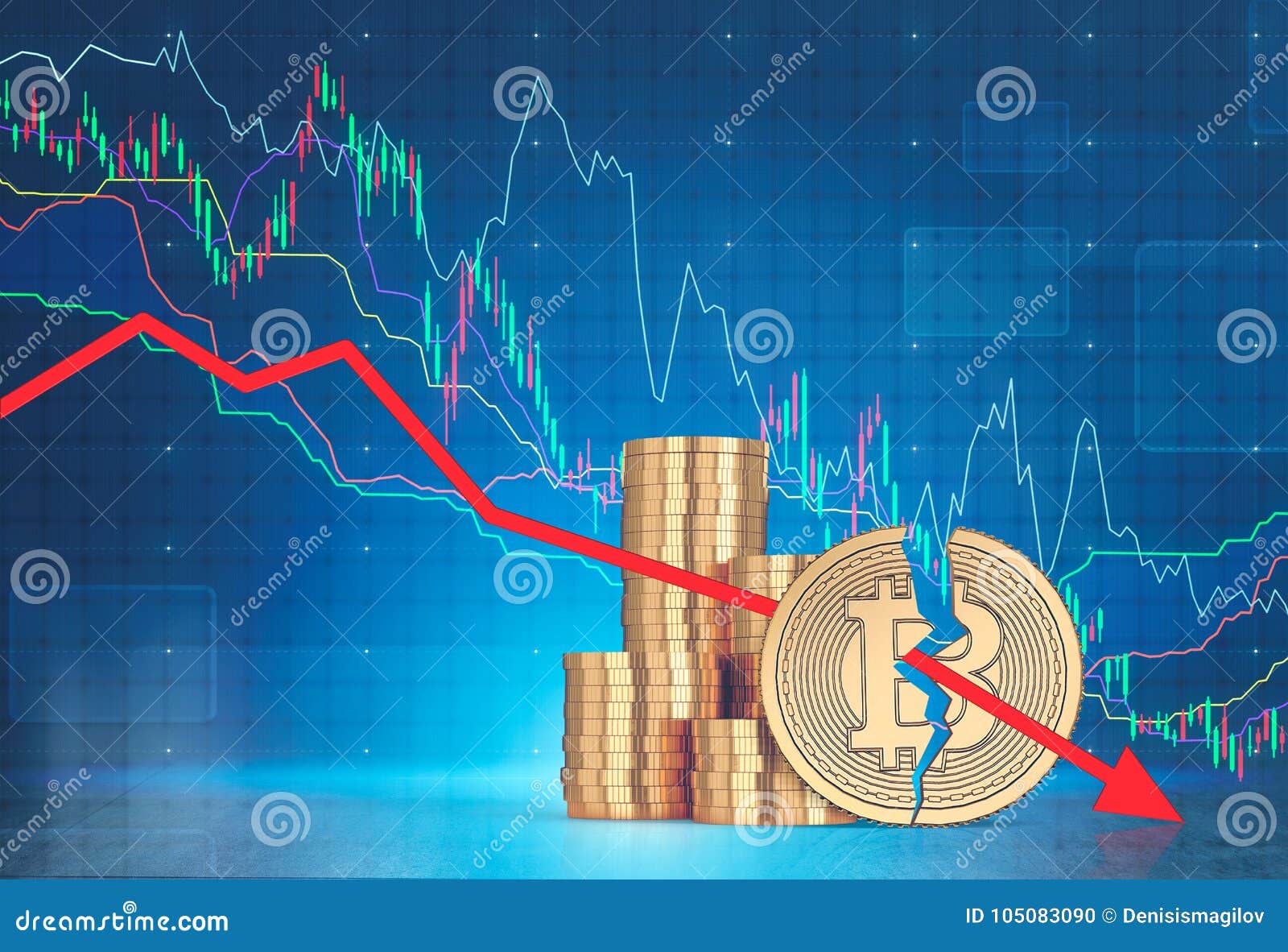 Stacks of Bitcoins, Falling Graph Close Up Stock Illustration ...