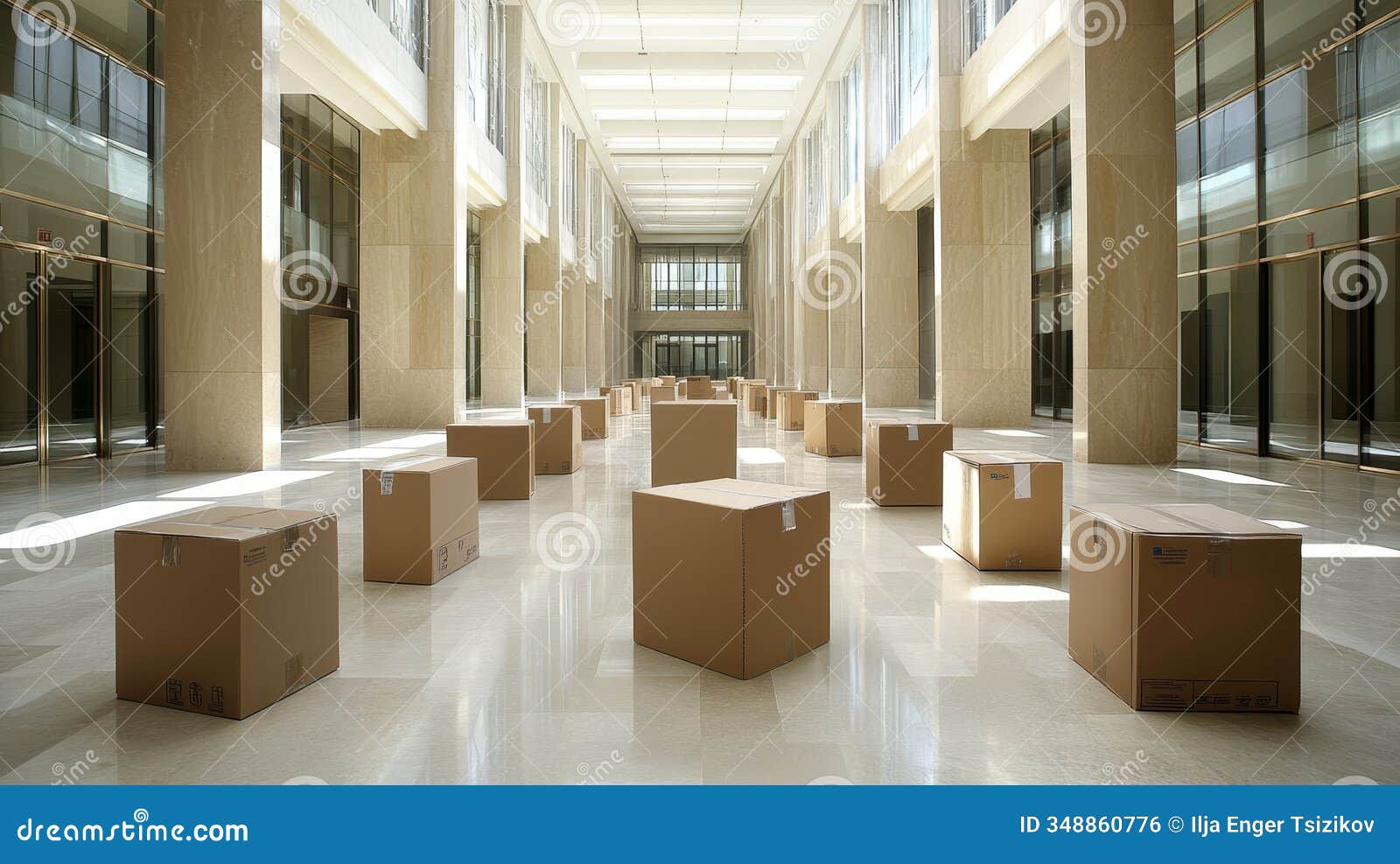 Stacks of Cardboard Boxes Line Elegant Hallway during Corporate Office ...