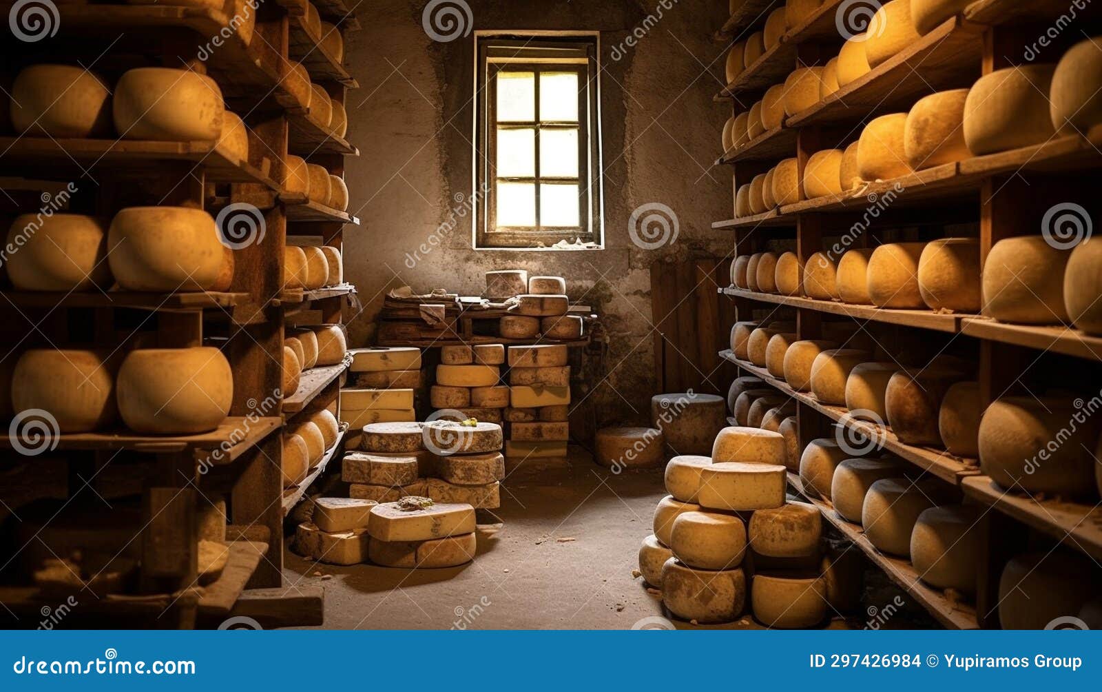 Stacks of Cheese Wheels in a Cellar, Aging in Rows Generated by AI ...