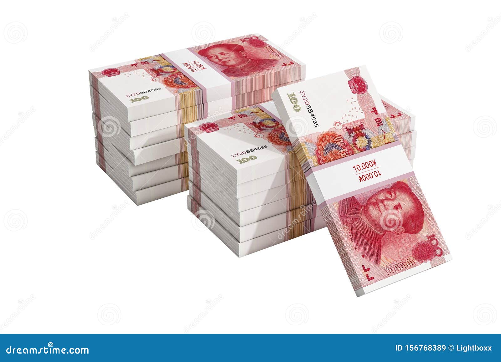Stacks of Chinese 100 Yuan Bills Isolate on White Stock Illustration ...