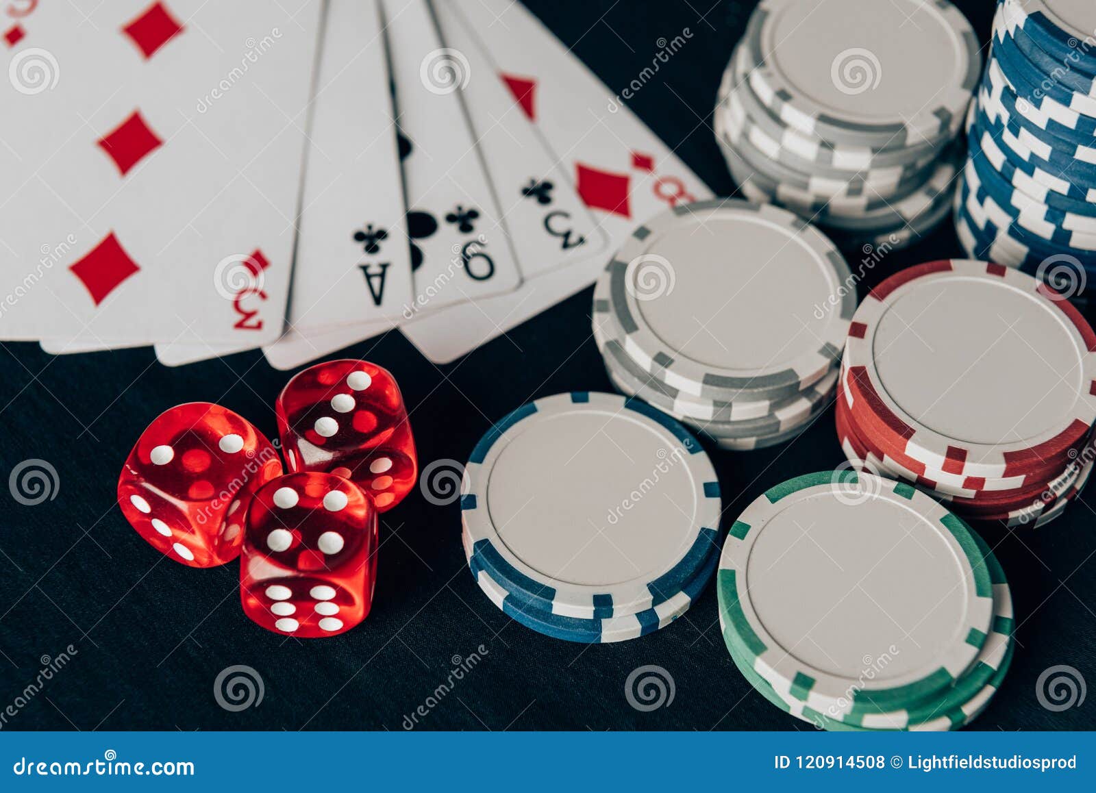 Stacks of Chips with Dice and Playing Cards Stock Photo - Image of deck ...