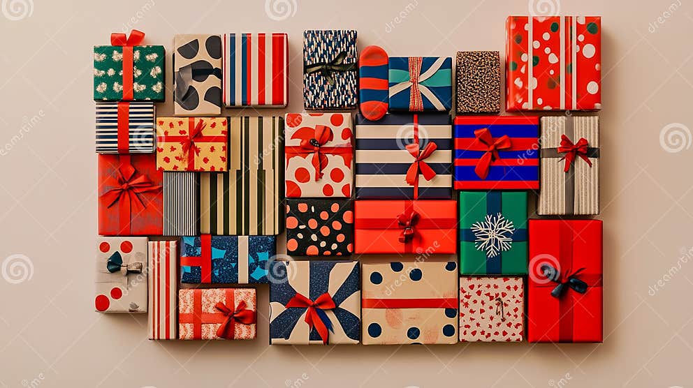 Stacks of Christmas Presents Viewed from a Top-down Angle, Featuring ...