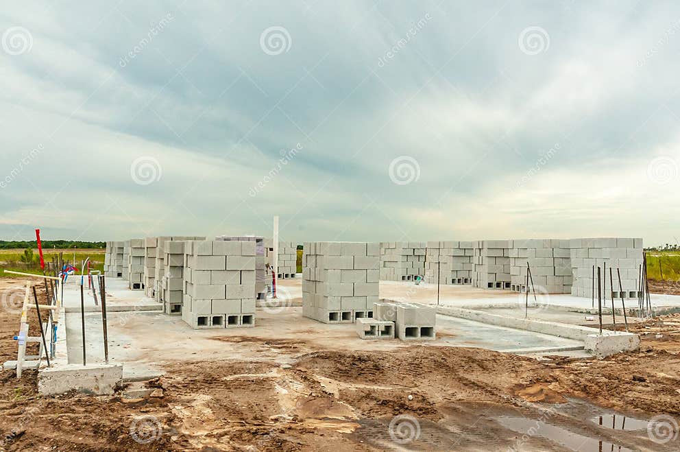 Stacks of Cinder Blocks, on Concrete Slab Stock Image - Image of stack ...