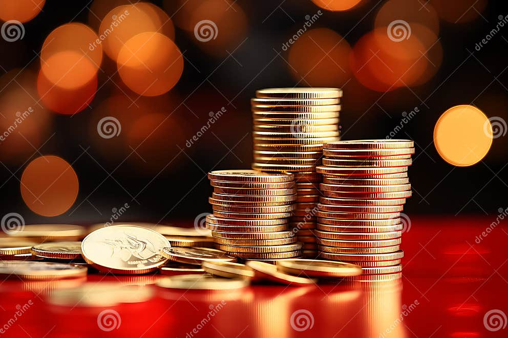 Stacks of Coins on Red Table with Bokeh Background Stock Illustration ...