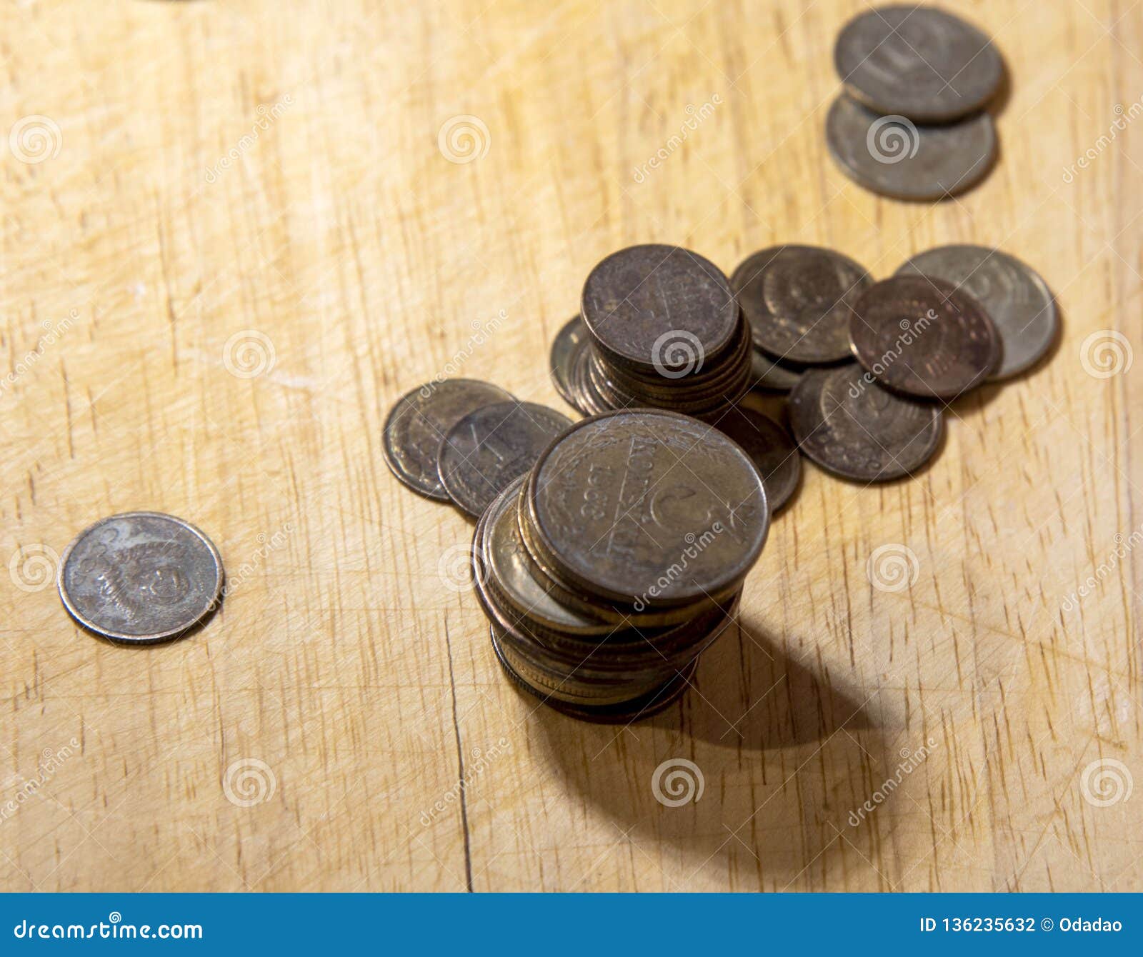 Stacks of Coins and a Vintage Brick Wall Stock Photo - Image of bank ...