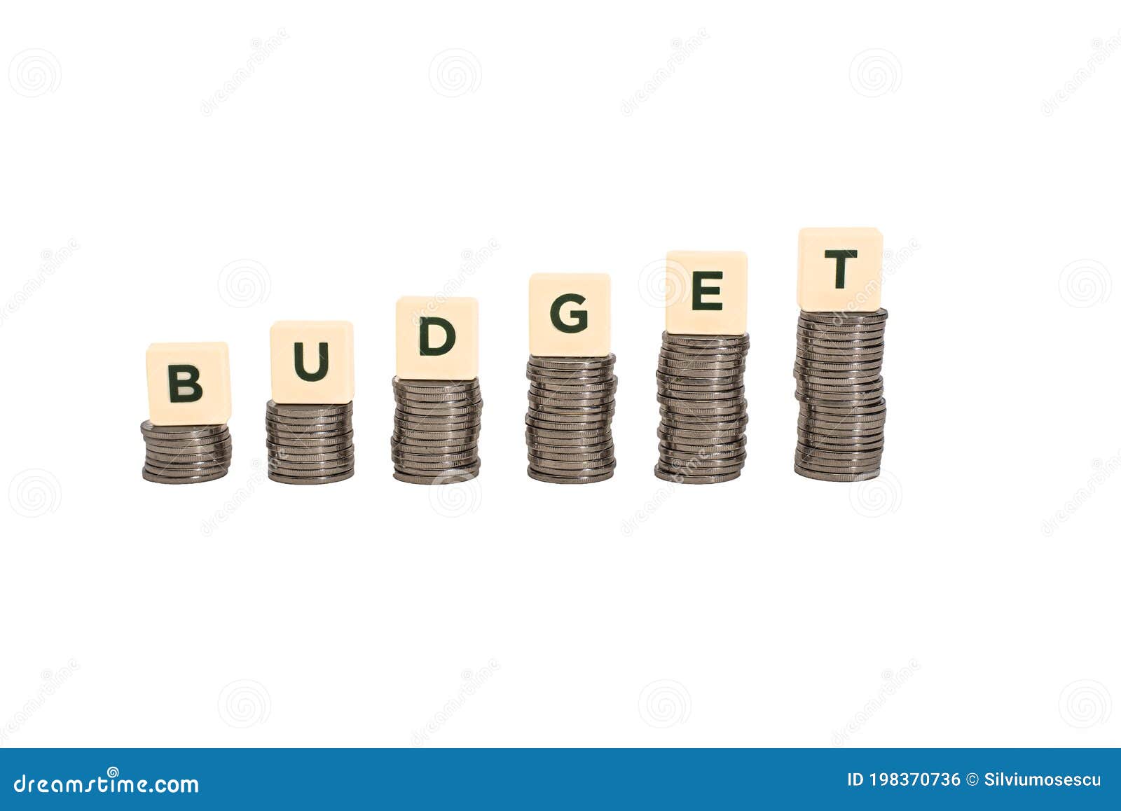 Stacks of Coins on White Background, Budget Chart. Stock Photo - Image ...