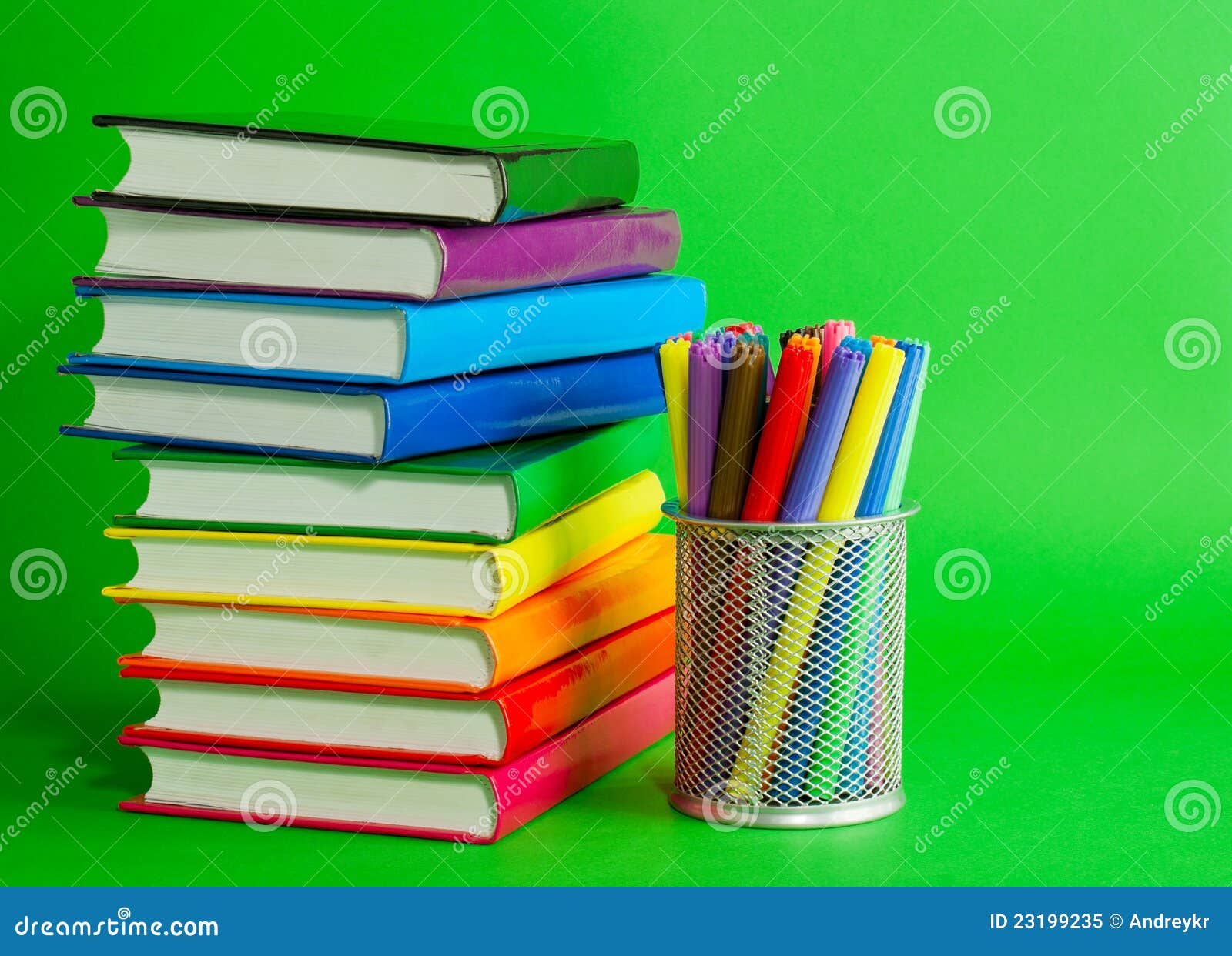 Stacks of Colorful Books and Socket with Felt Pens Stock Image - Image ...