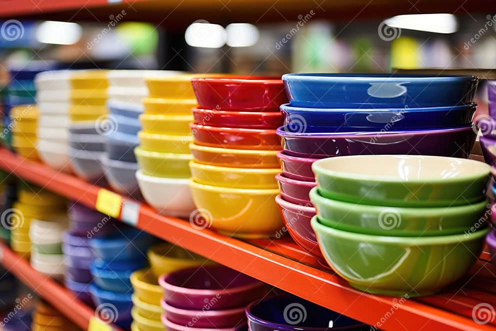 Stacks of Colorful Ceramic Dinnerware on a Store Shelf Stock ...