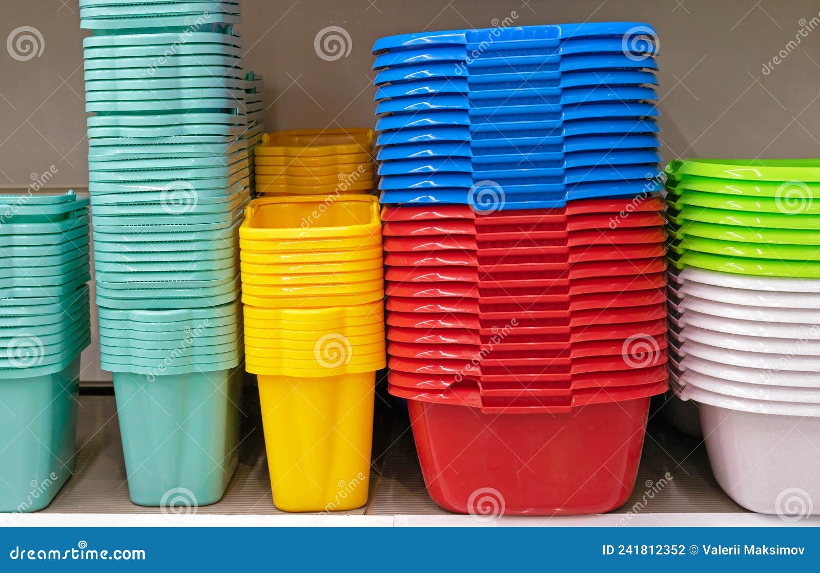 Stacks of Colorful Plastic Buckets and Basins Stock Photo - Image of ...
