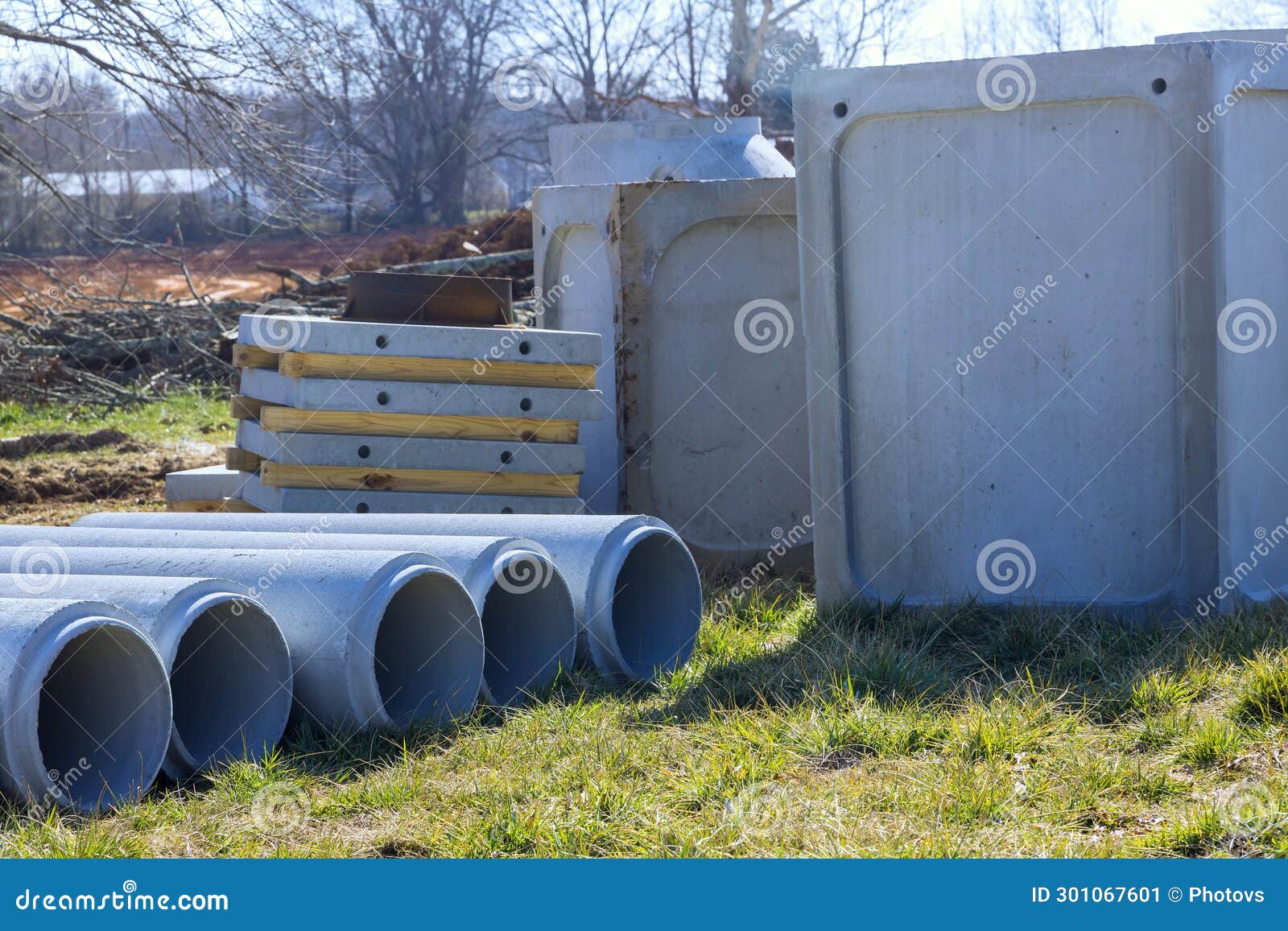 Stacks of Concrete Drainage Pipes, Manhole are Awaiting Installation on ...