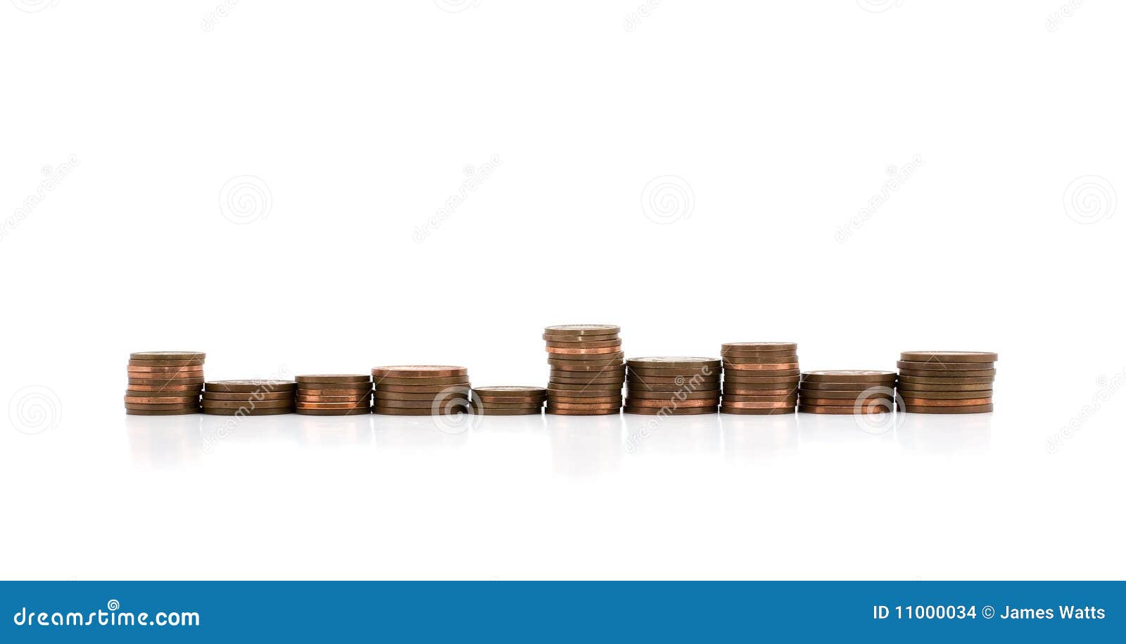 Stacks of Copper Coins in a Row Isolated on White Stock Photo - Image ...