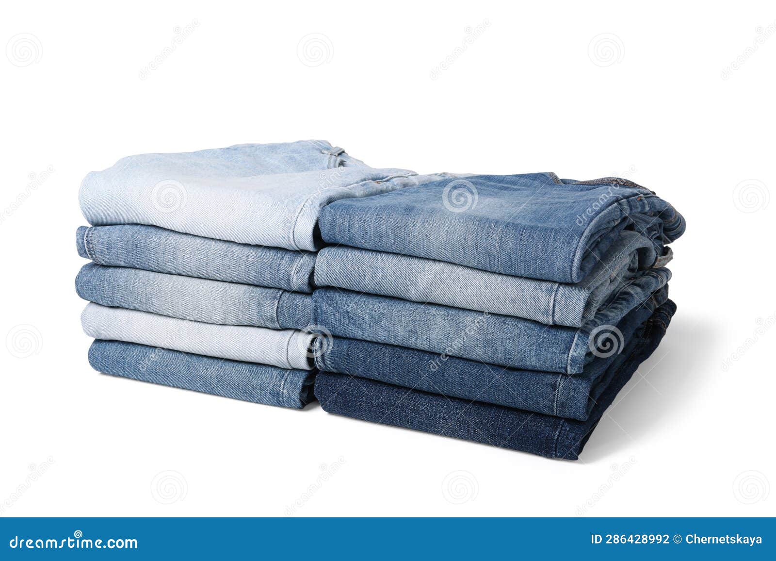 Stacks of Different Folded Jeans Isolated on White Stock Photo - Image ...