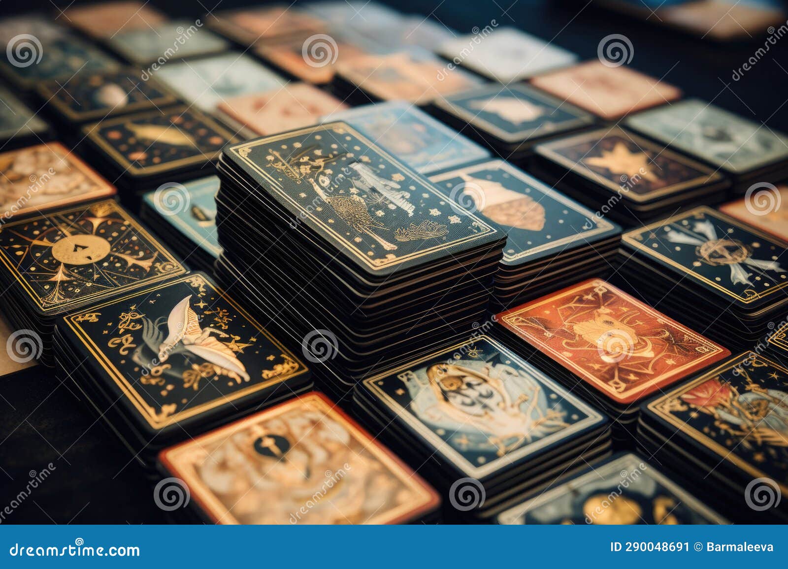Stacks of Different Tarot Cards with Intricate Illustrations. Esoteric ...