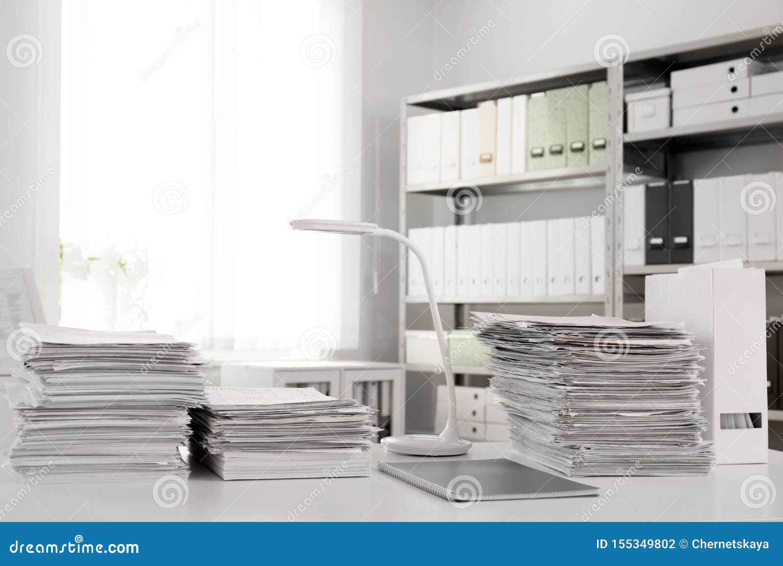 Stacks of Documents on Table Stock Photo - Image of organization, lamp ...