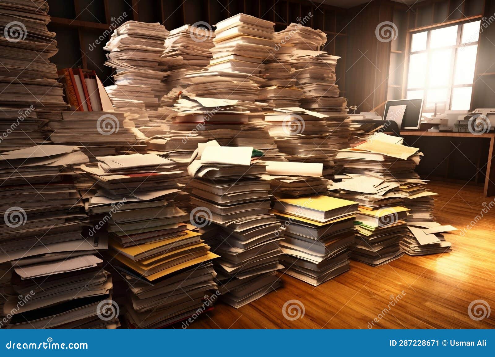 Stacks of Files: Heavy Workload on Desk. AI Stock Illustration ...