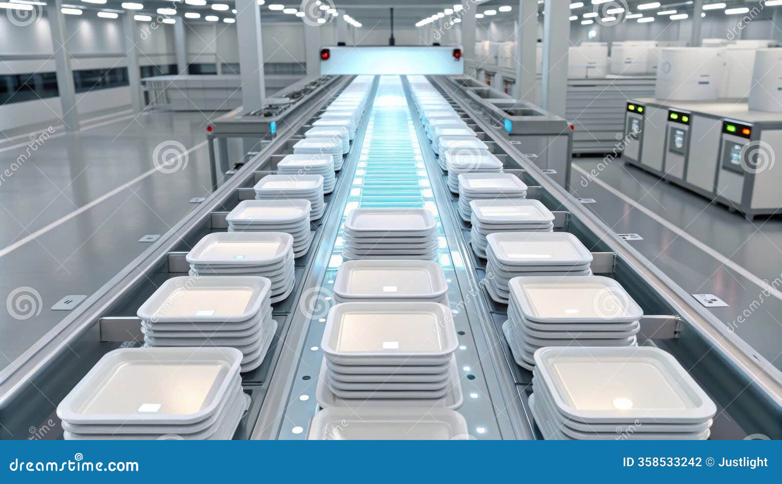 Stacks of Food Trays Moving on Conveyor Belt in Food Processing Plant ...