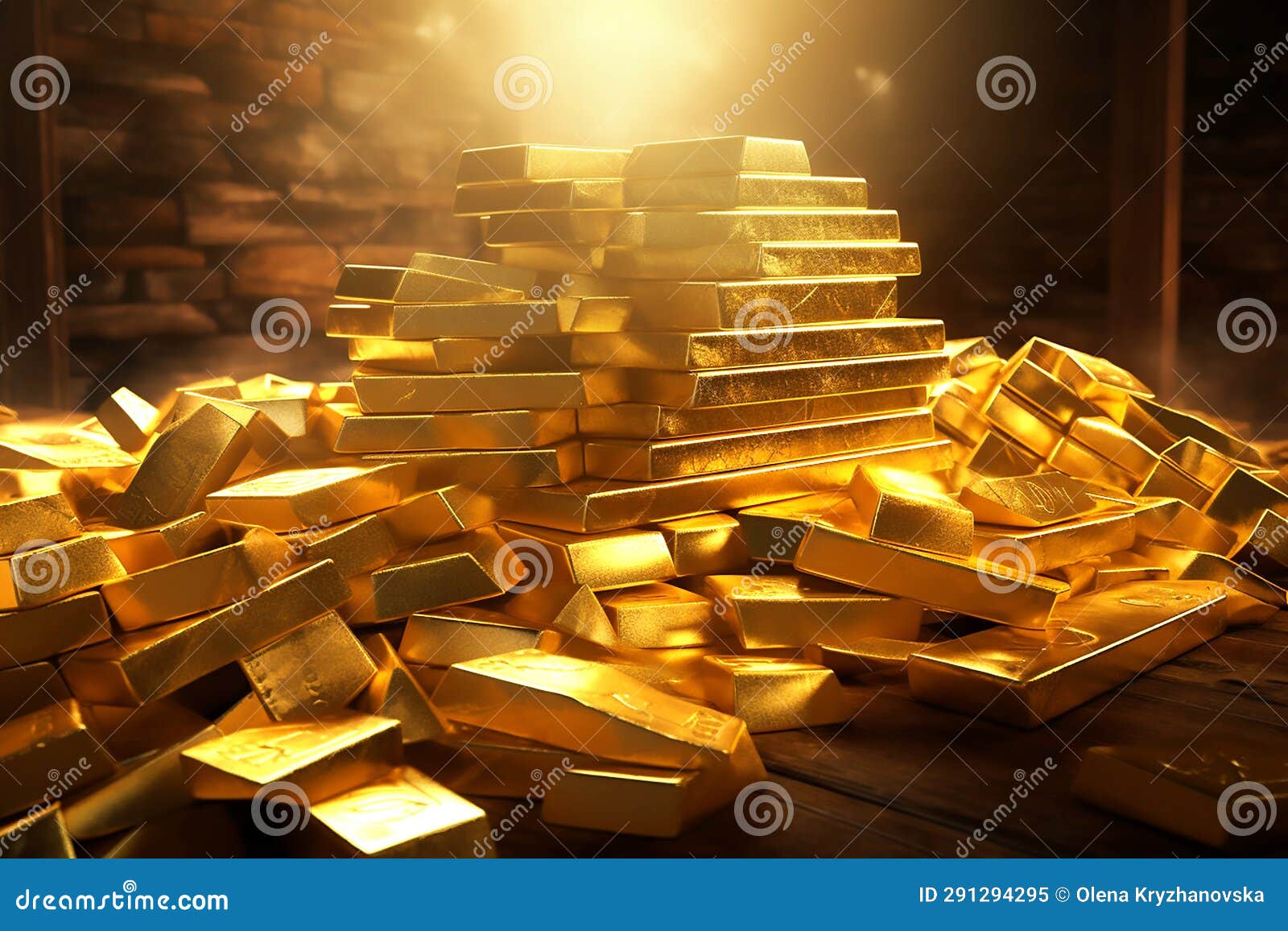 Stacks of Glowing Gold Bars in the Rays of the Sun on the Background of ...