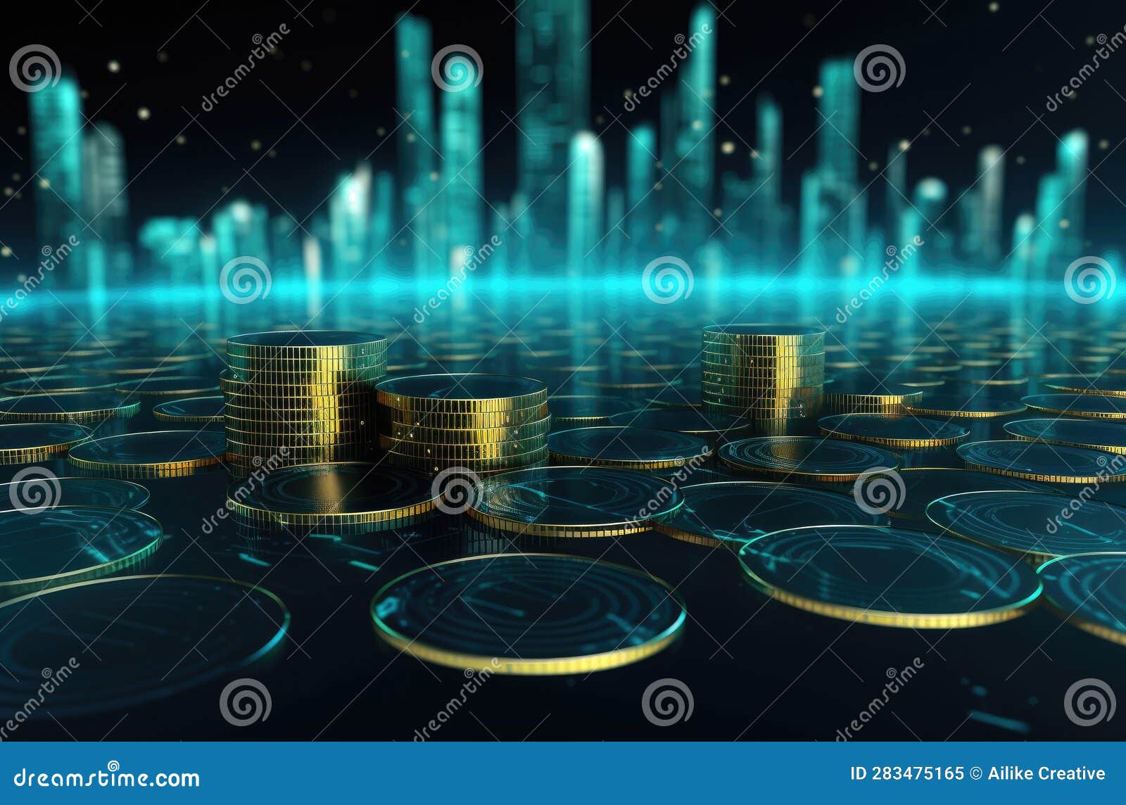 Stacks of Gold Coins with Binary Code on a Dark Blue Background. 3d ... Stacks of Gold Coins with Binary Code on a Dark Blue Background. 3d ...