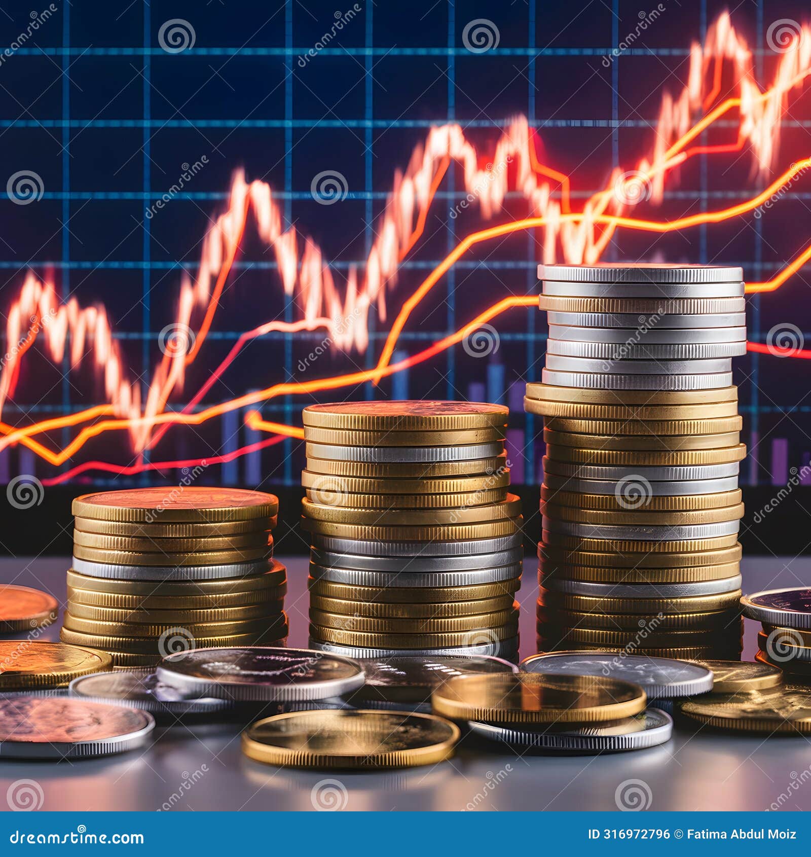 Stacks of Gold Coins with Digital Graph Displaying Financial Data in ...