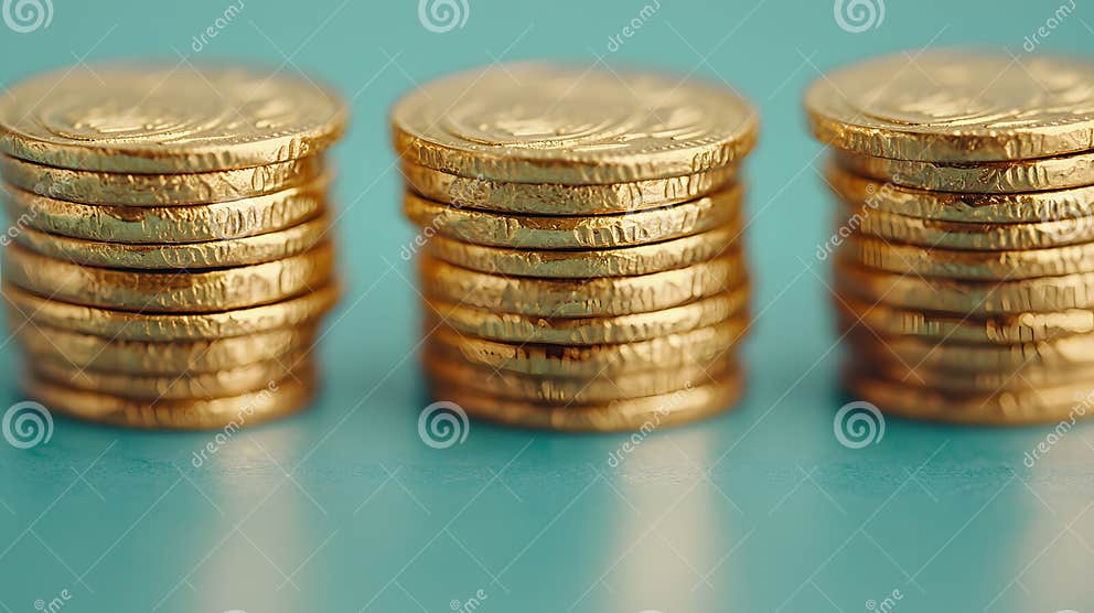 Stacks of Golden Coins Shining on a Blue Surface Stock Illustration ...