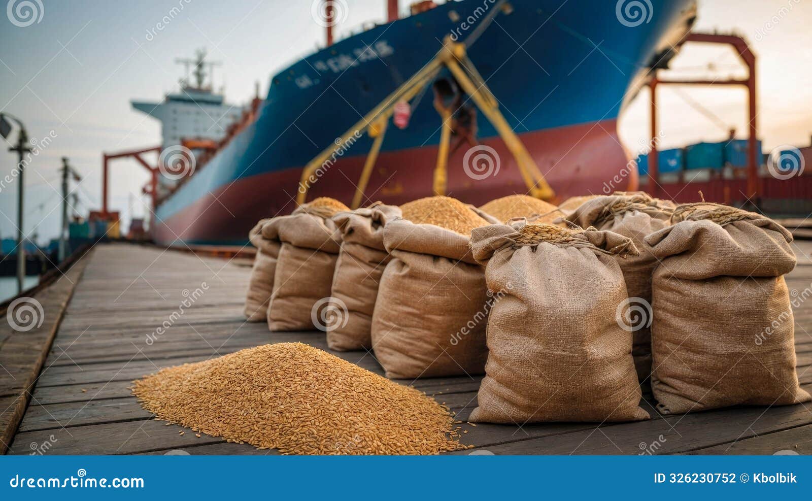 Stacks of Grain Sacks and a Pile of Wheat in Front of a Large Container ...