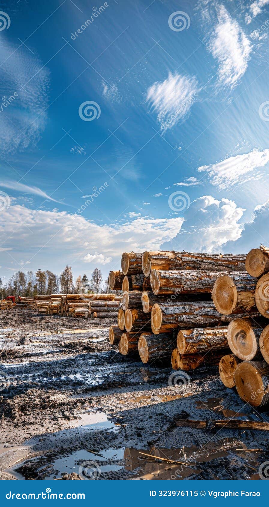 Stacks of Logs in a Muddy Timber Yard Under a Beautiful Blue Sky with ...