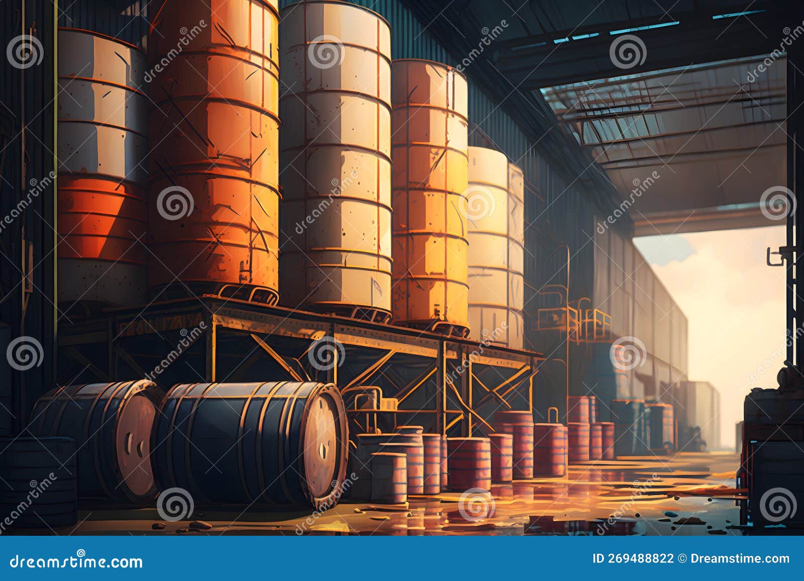 Stacks of Oil Barrels in Oil Refinery Warehouse. Neural Network ...