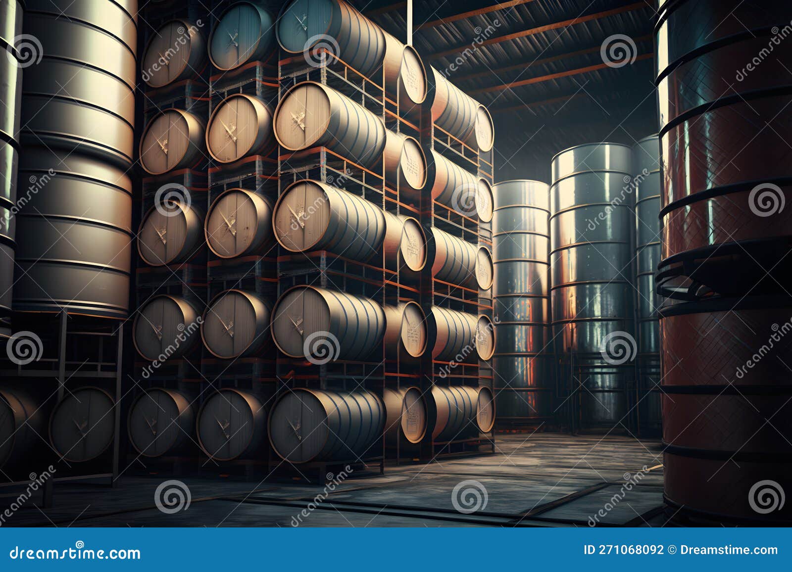 Stacks of Oil Barrels in Oil Refinery Warehouse. Neural Network ...
