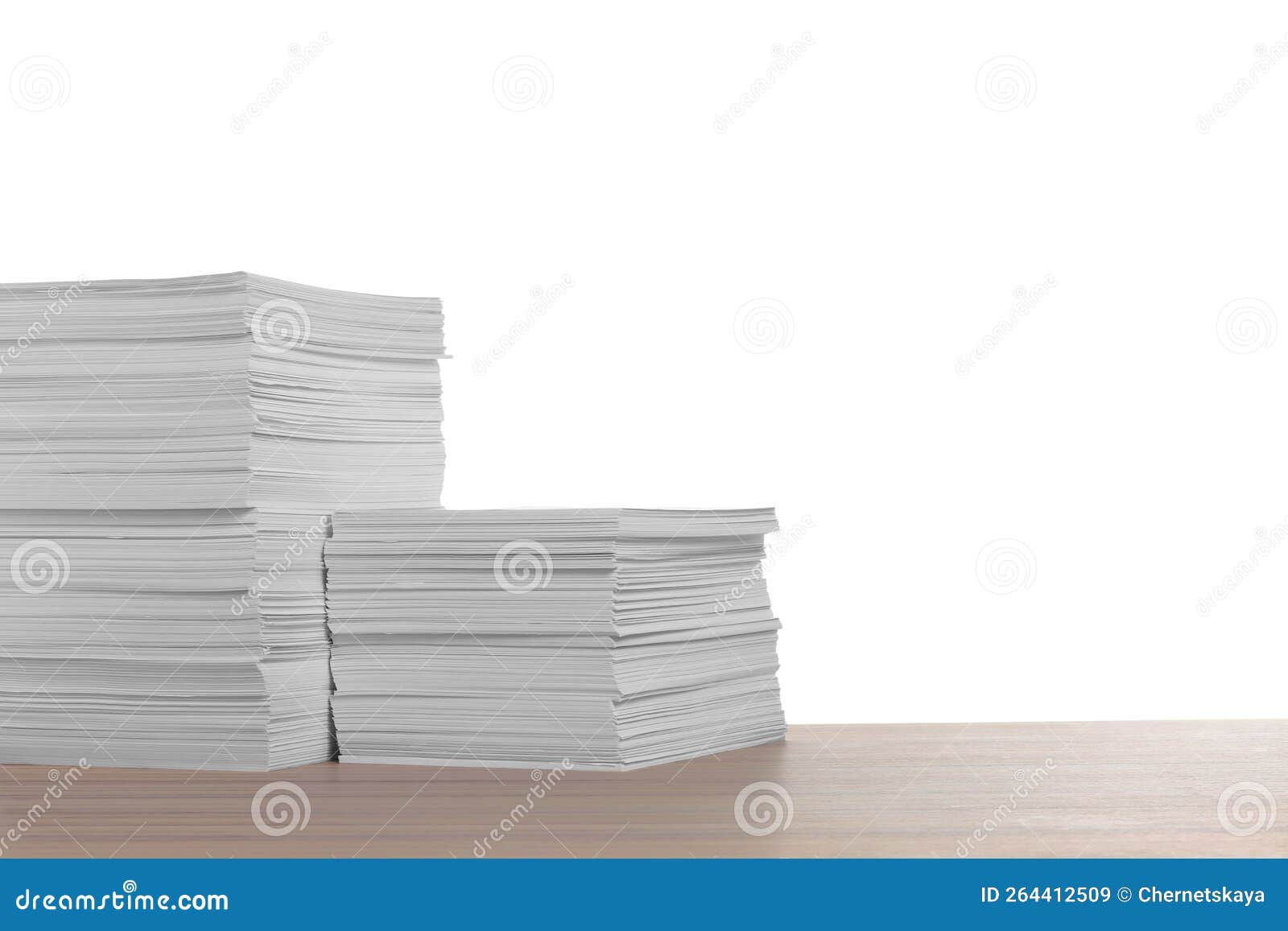 Stacks of Paper Sheets on Wooden Table Against White Background. Space ...