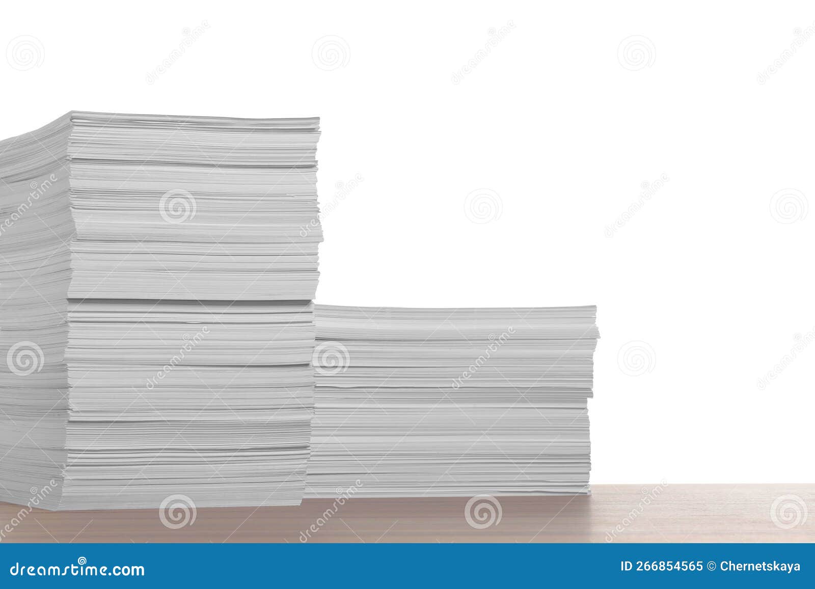 Stacks of Paper Sheets on Wooden Table Against White Background. Space ...
