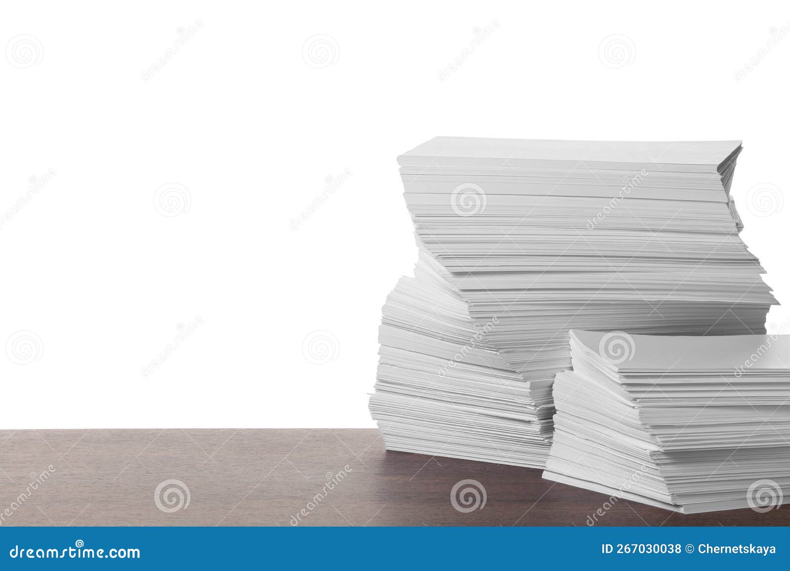 Stacks of Paper Sheets on Wooden Table Against White Background. Space ...