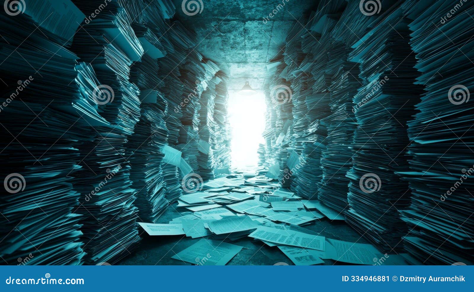 Stacks of Papers Stacked in a Corridor at Sunset, Depicting the ...