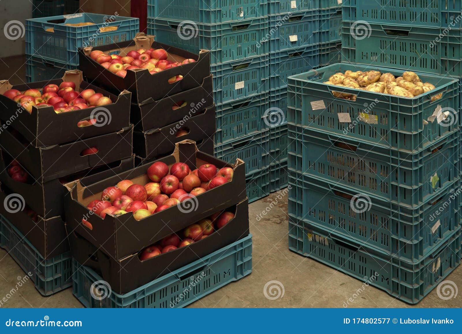 Stacks of Plastic Box Containers with Apples, Potatoes and Other Crops ...