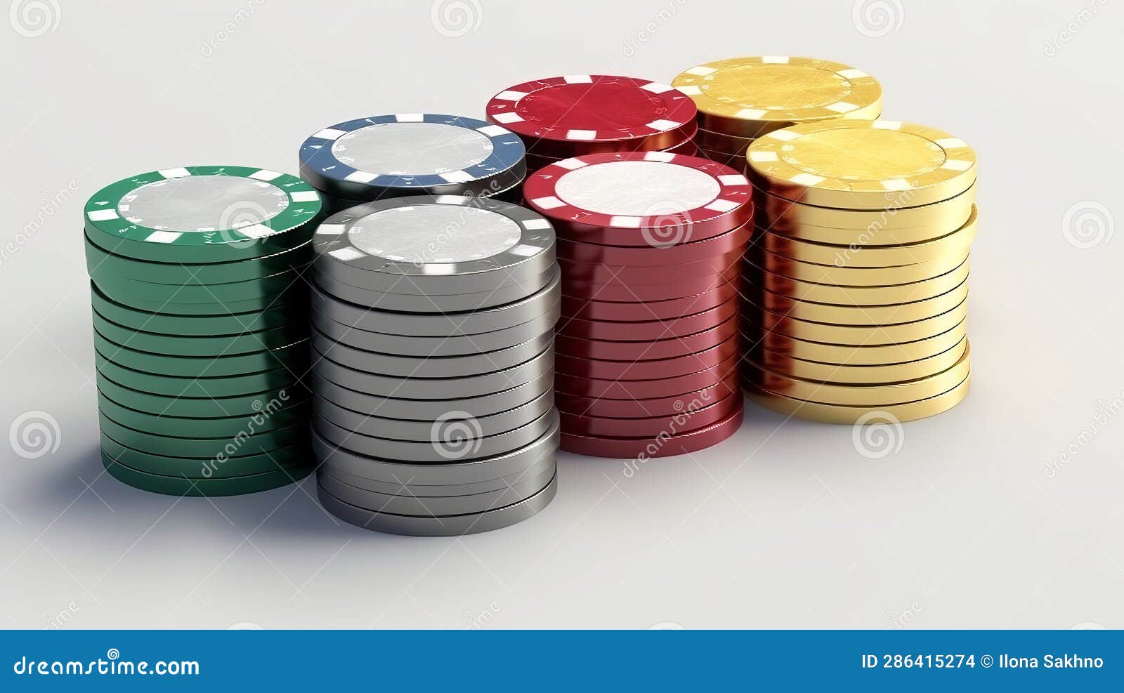 Stacks of Poker Chips of Different Colors on a White Background Stock ...