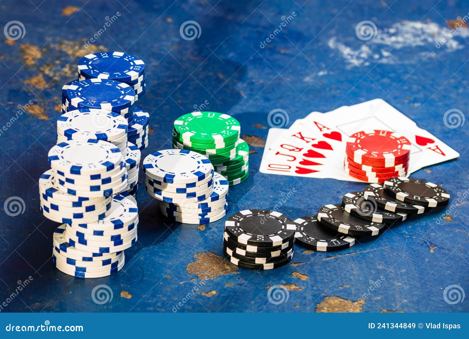 Stacks of Poker Chips with Money and Cards Stock Image - Image of ...