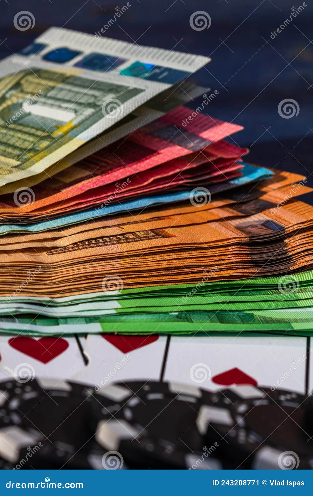 Stacks of Poker Chips with Money and Cards Stock Image - Image of stack ...