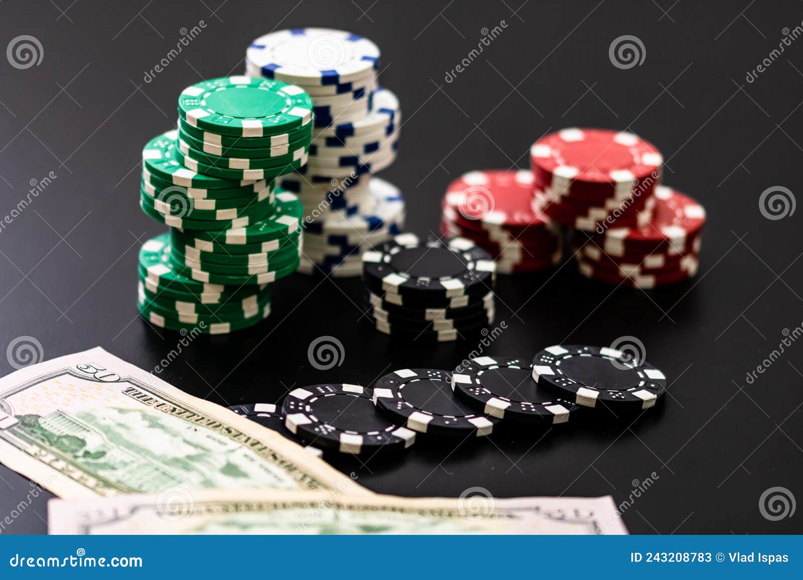 Stacks of Poker Chips with Money and Cards Stock Image - Image of ...