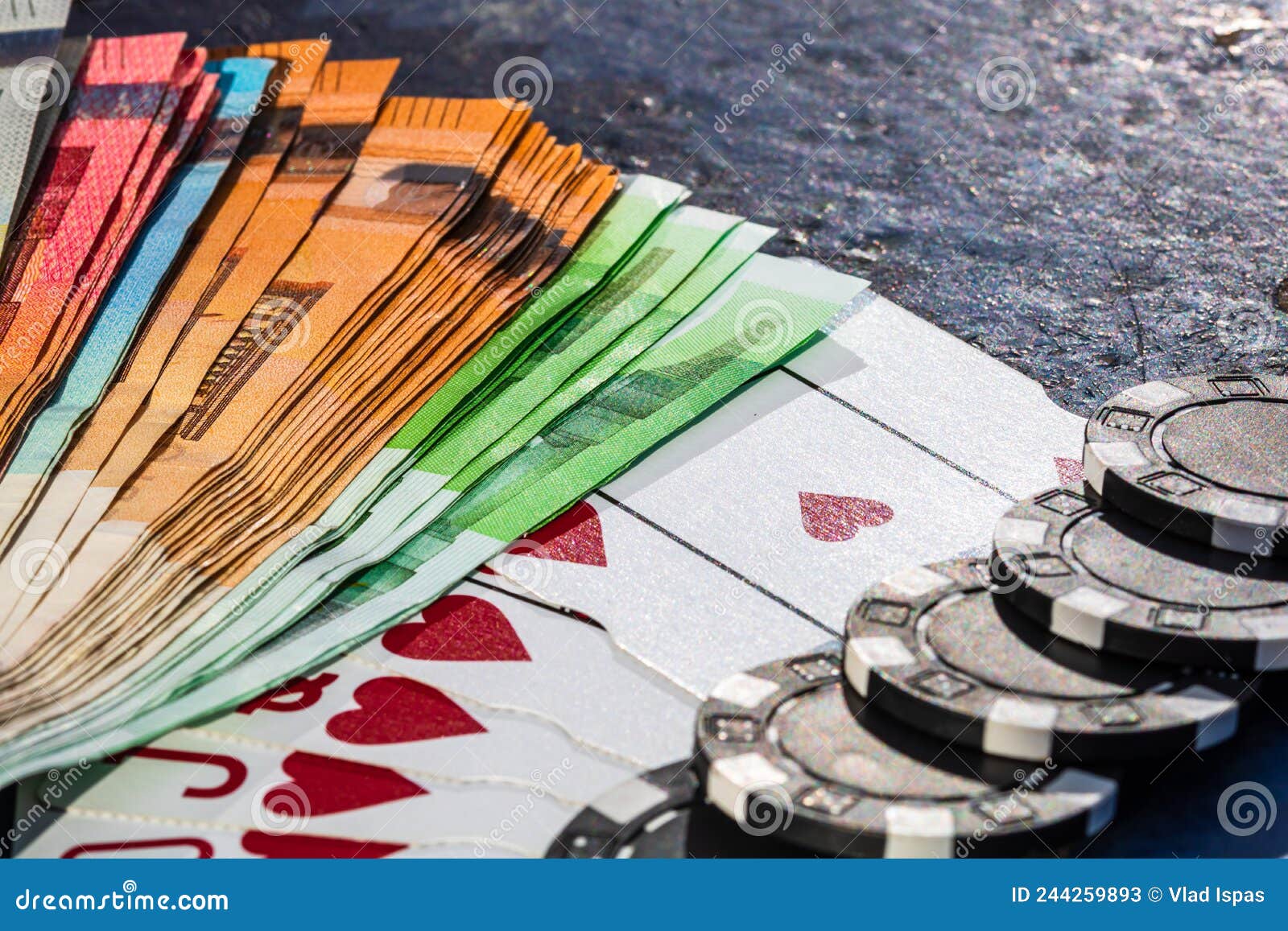 Stacks of Poker Chips with Money and Cards Stock Image - Image of play ...