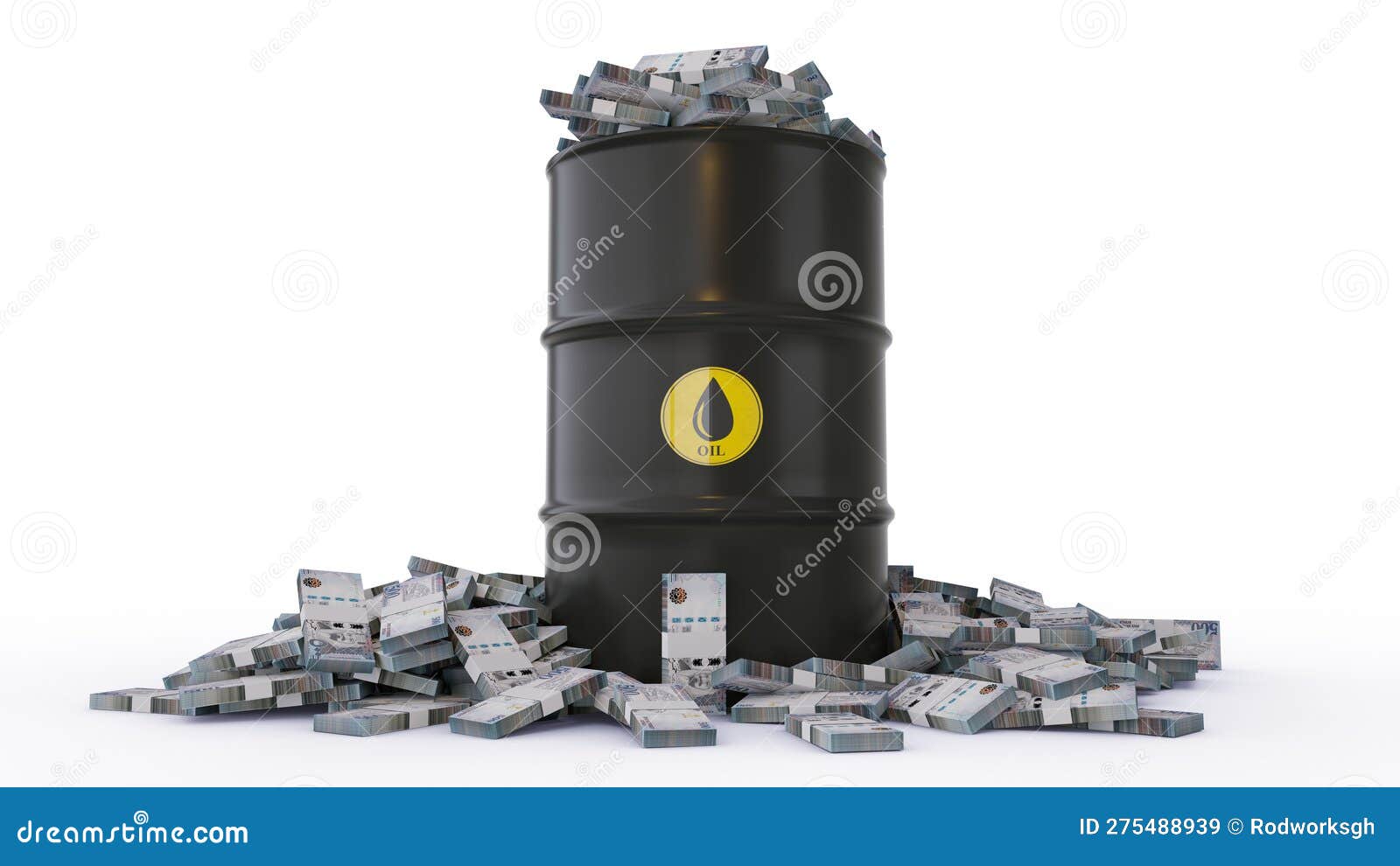 Stacks of Saudi Arabian Riyal Notes Inside Black Oil Barrel Isolated on ...
