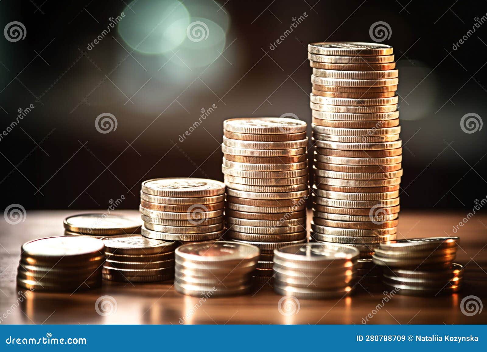 Stacks of Silver Coins on a Table Arranged in Ascending Order with a ...