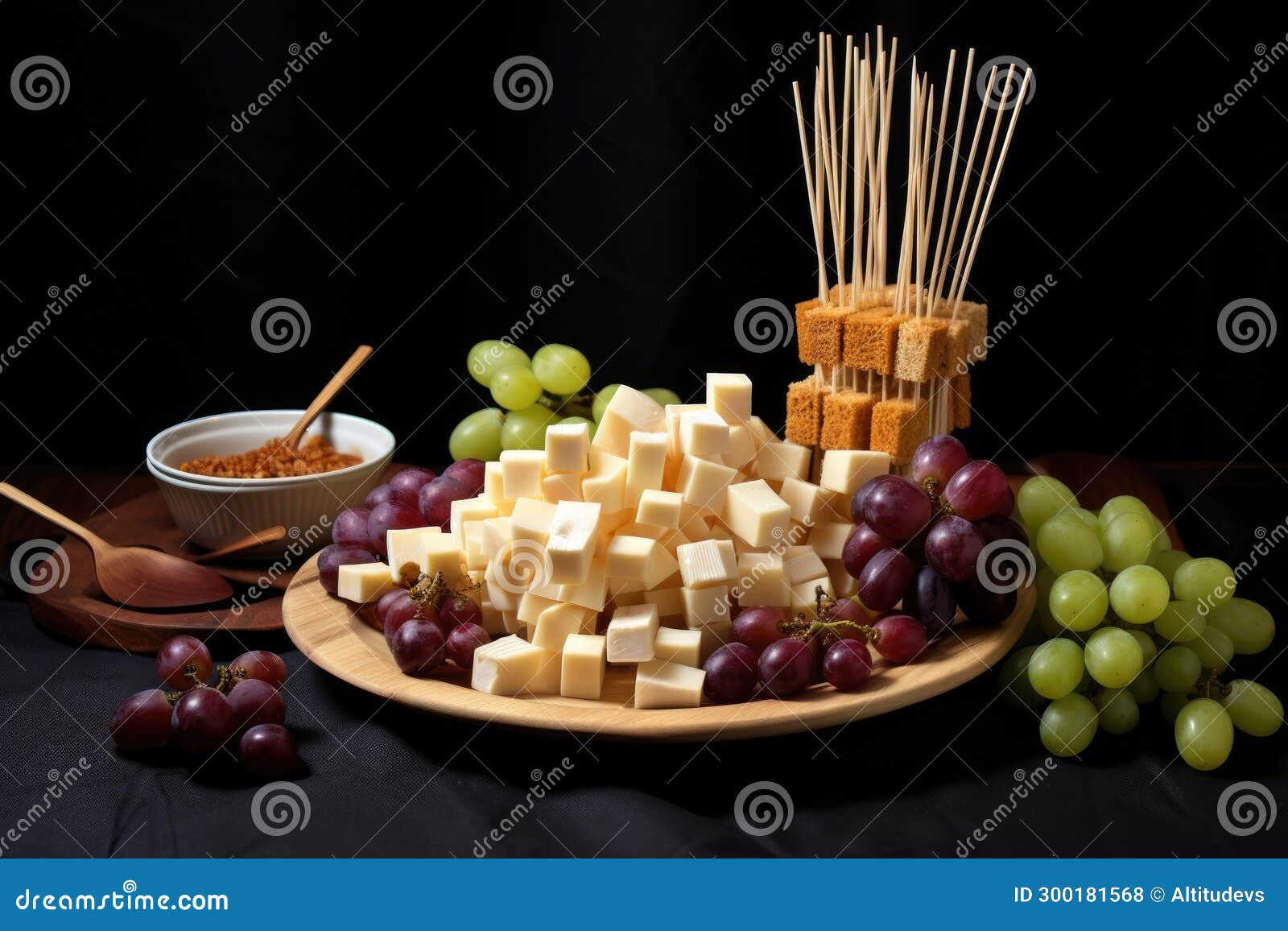 Stacks of Toothpicks Next To a Variety of Cheese Cubes and Grapes on a ...