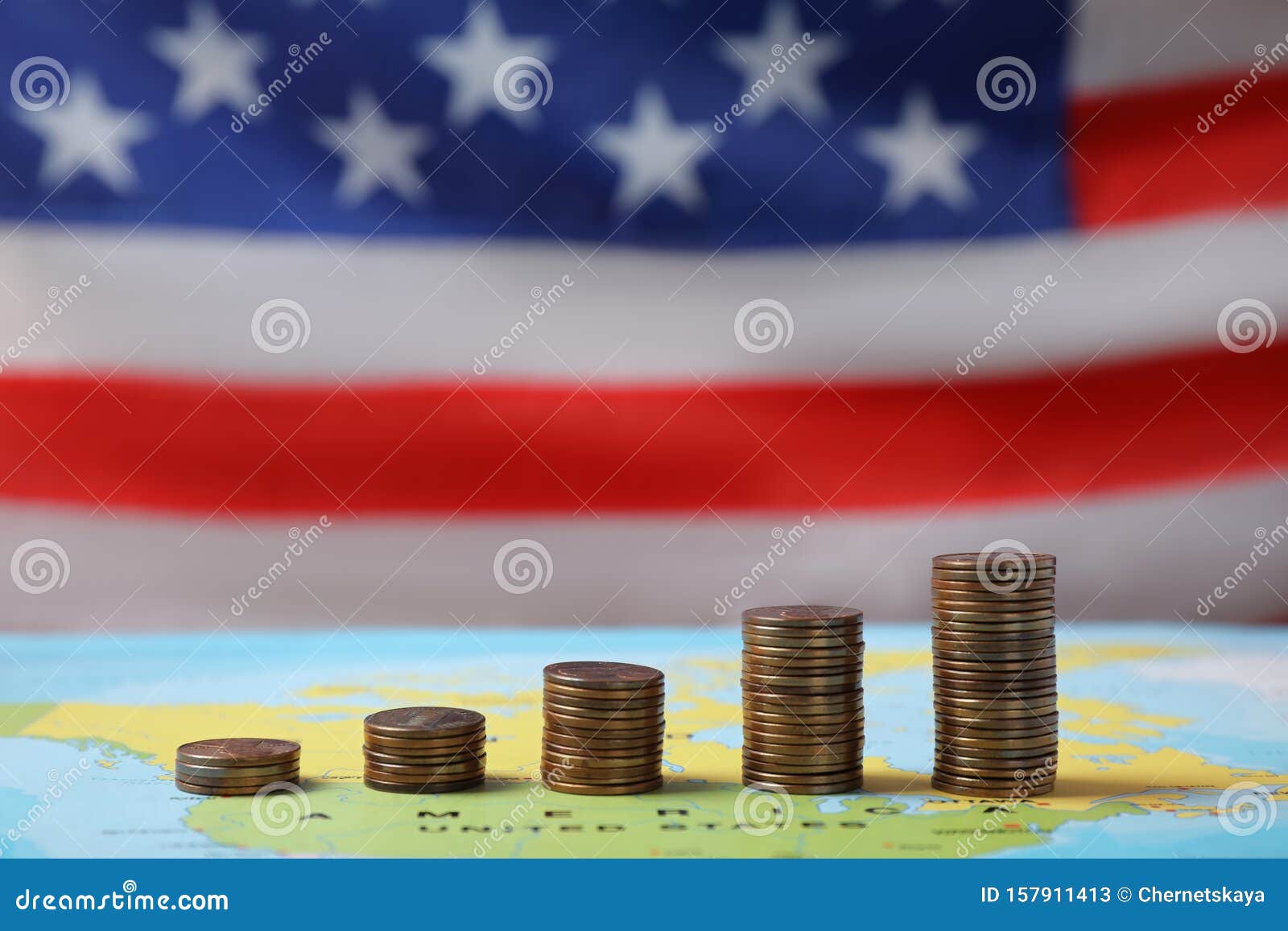 Stacks of USA Cents on Map Against Flag Stock Image - Image of ...