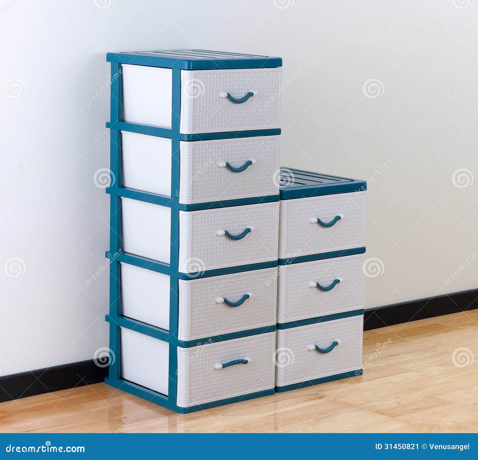 Stacks of White and Blue Plastic Drawers Stock Image - Image of office ...