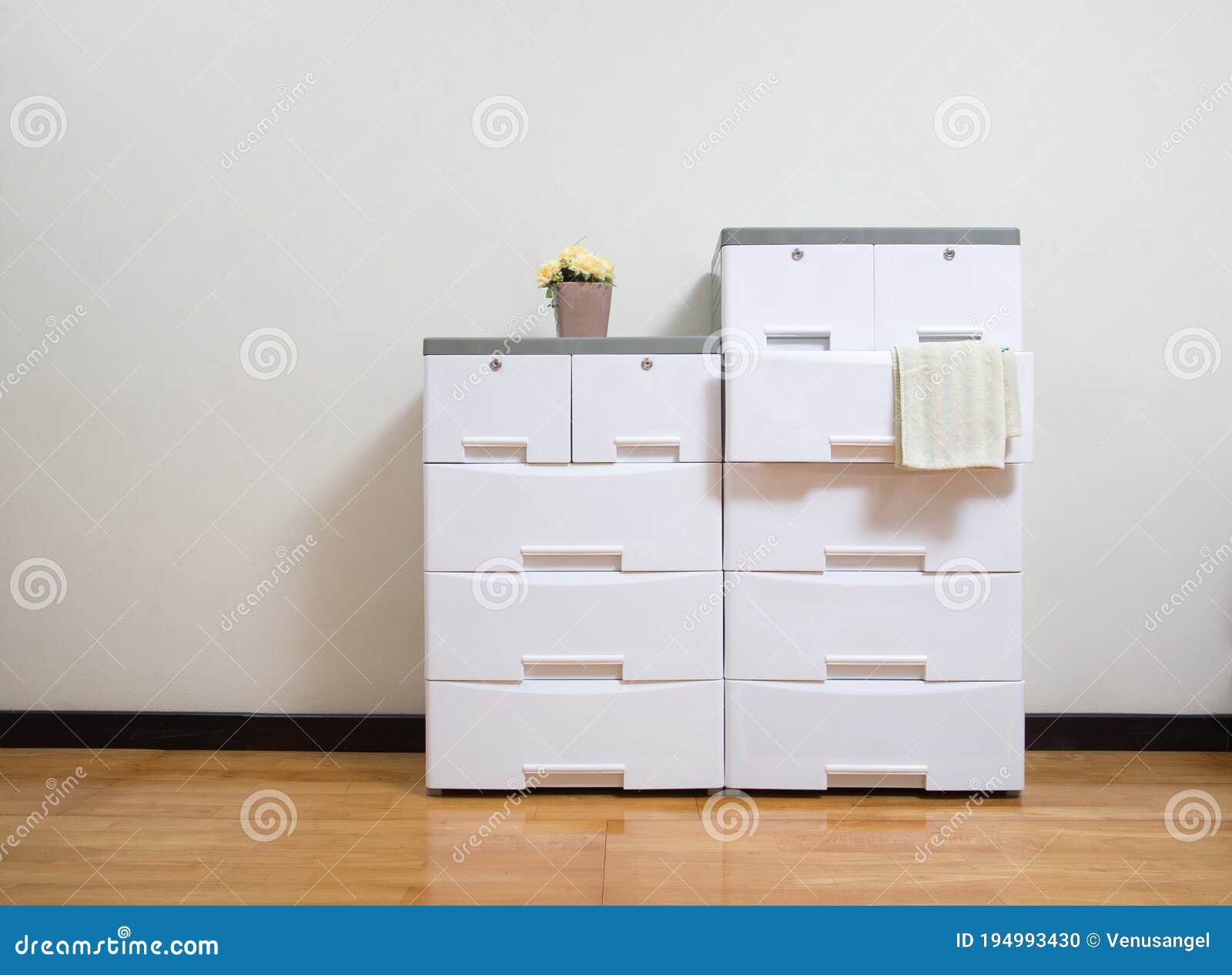 Stacks of White Plastic Cabinets with Drawers Stock Photo - Image of ...