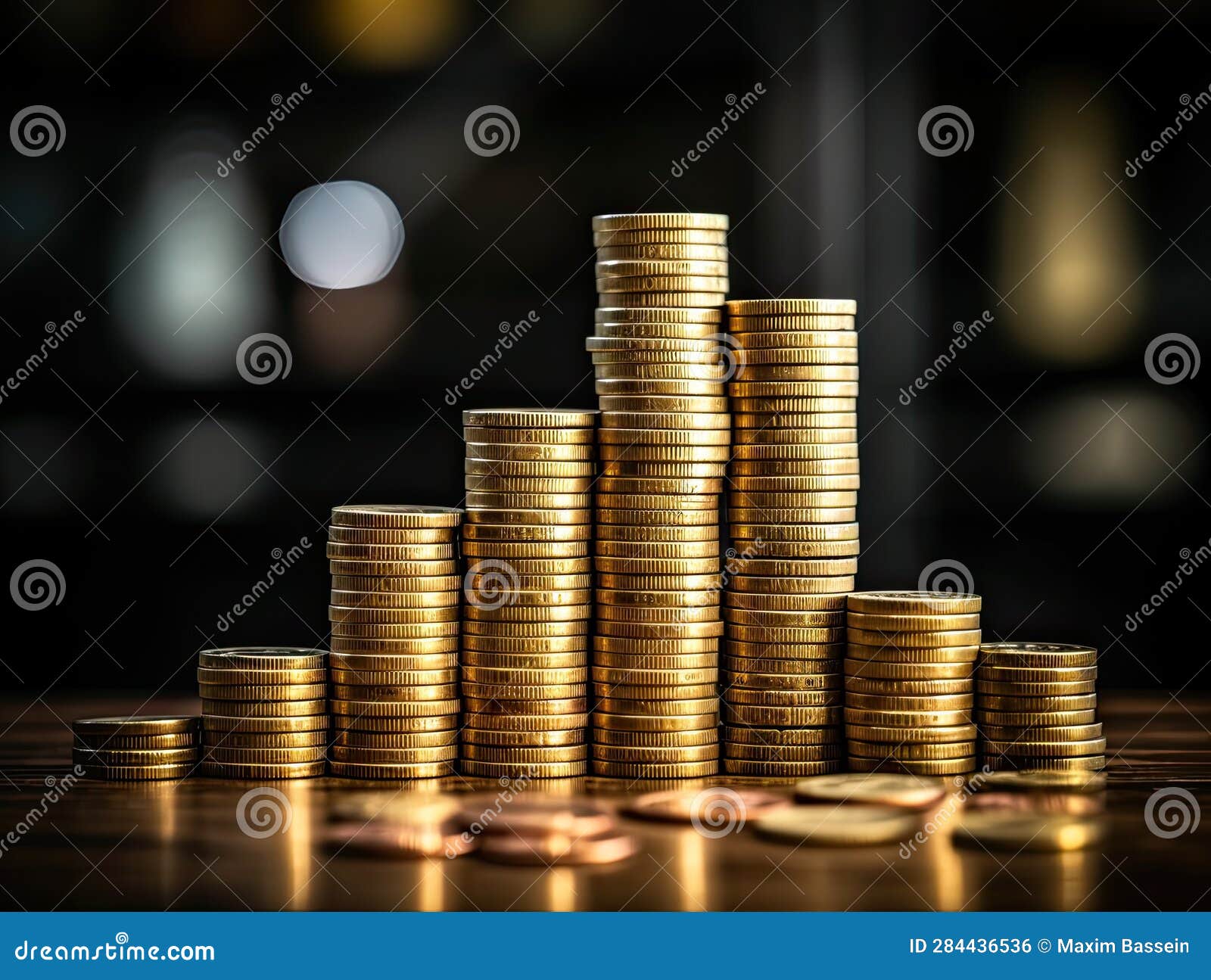 Stacks of Yellow Coins on the Table on a Dark Background with a Young ...